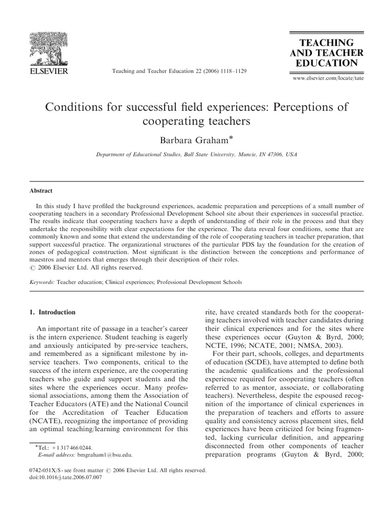 Conditions For Successful Field Experiences: Perceptions of Cooperating ...