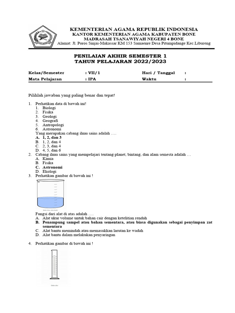 Soal Pas Ipa Kelas Vii Sem 1 2022 | PDF