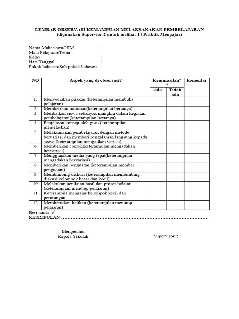 Lembar Observasi Dan Ulasan RPP | PDF | Karier & Perkembangan | Seni