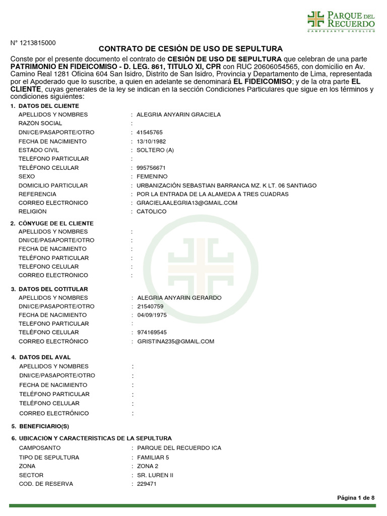 Contrato de Sepultura - 1213815000 | PDF