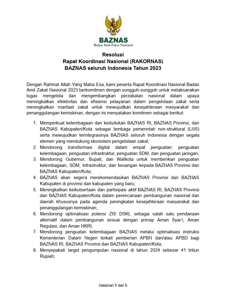(FIX) Resolusi RAKORNAS BAZNAS 2023 | PDF