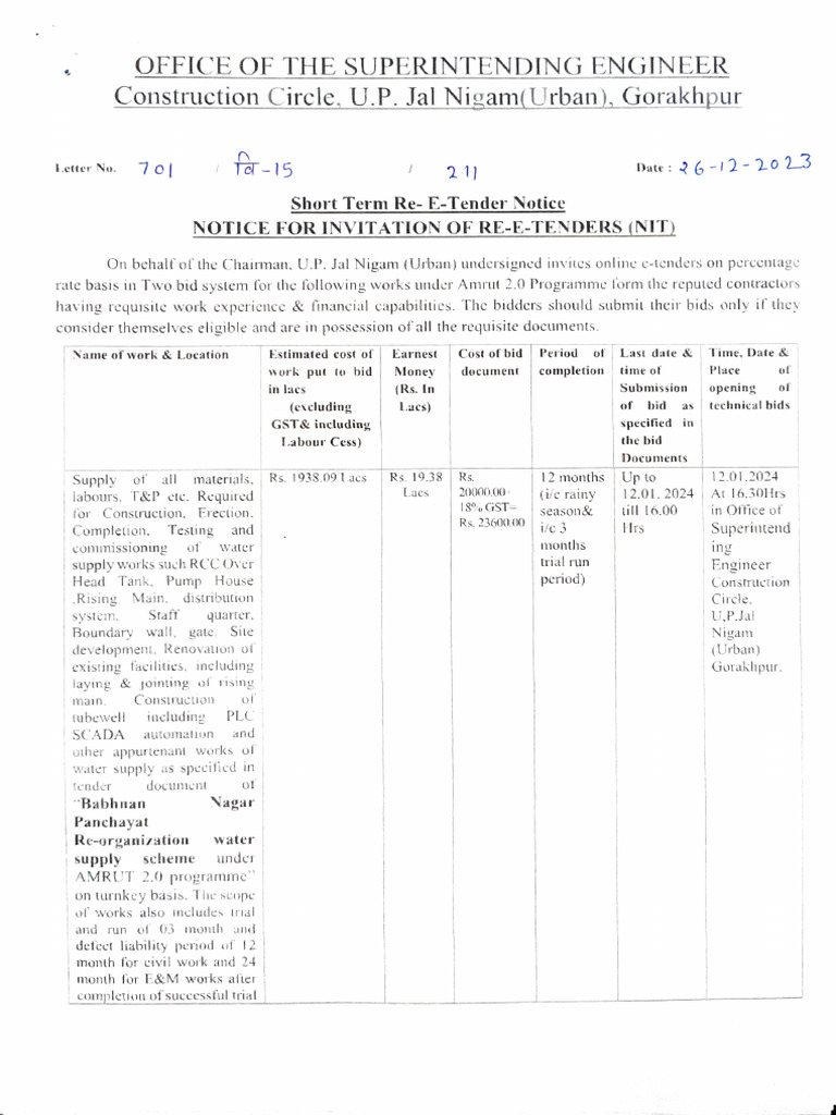 Construction Circle, U.P. Jal Nigam (Urban), Gorakhpur: Office of The ...