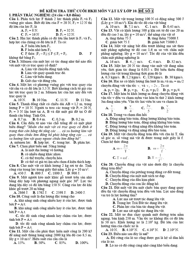 ĐỀ KIỂM TRA THỬ CUỐI HKII MÔN VẬT LÝ LỚP 10 - đề 1 | PDF