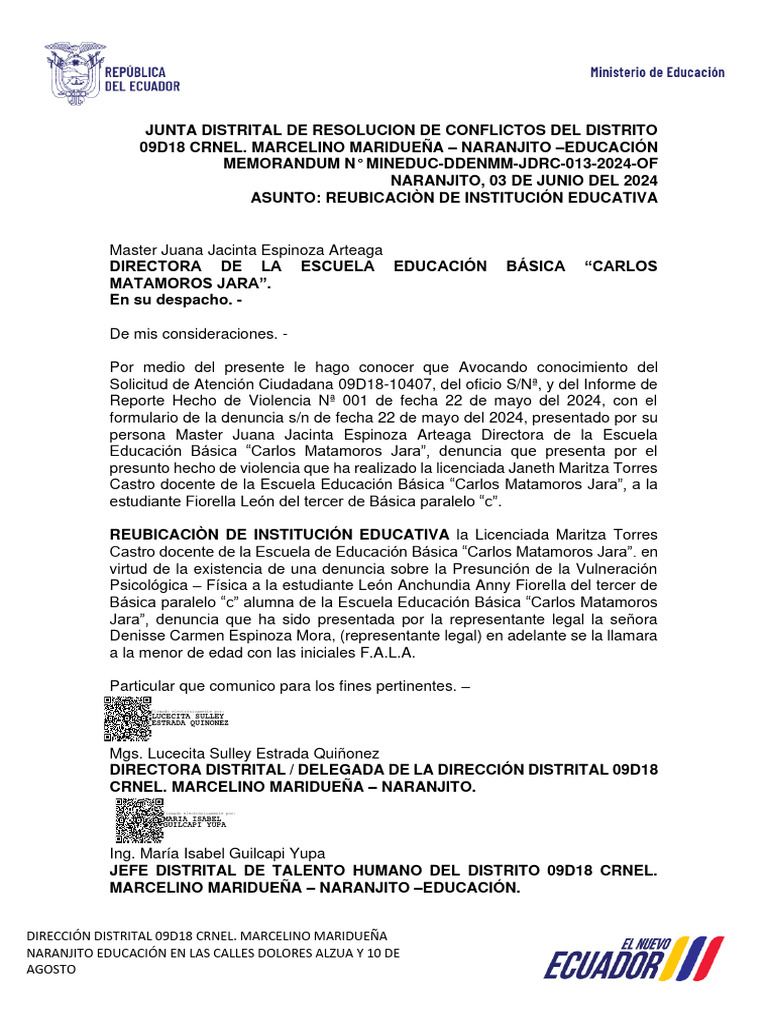 Reubicación por denuncia en escuela Matamoros | PDF