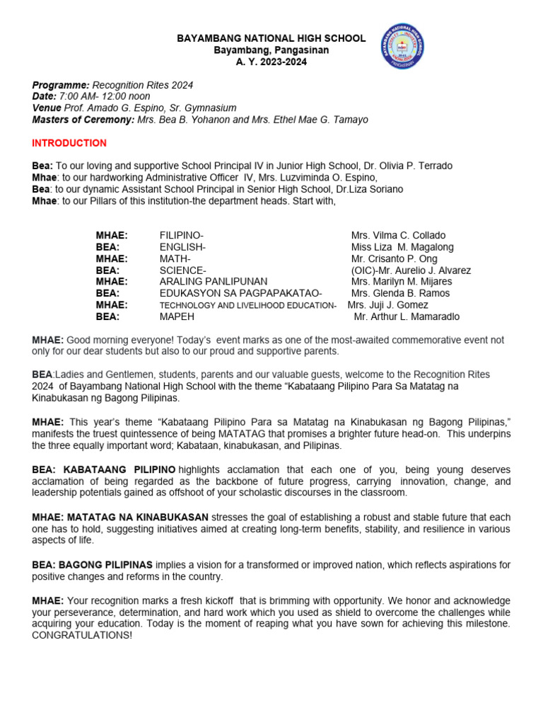 Recognition Rites 2024-Emcee Script | PDF