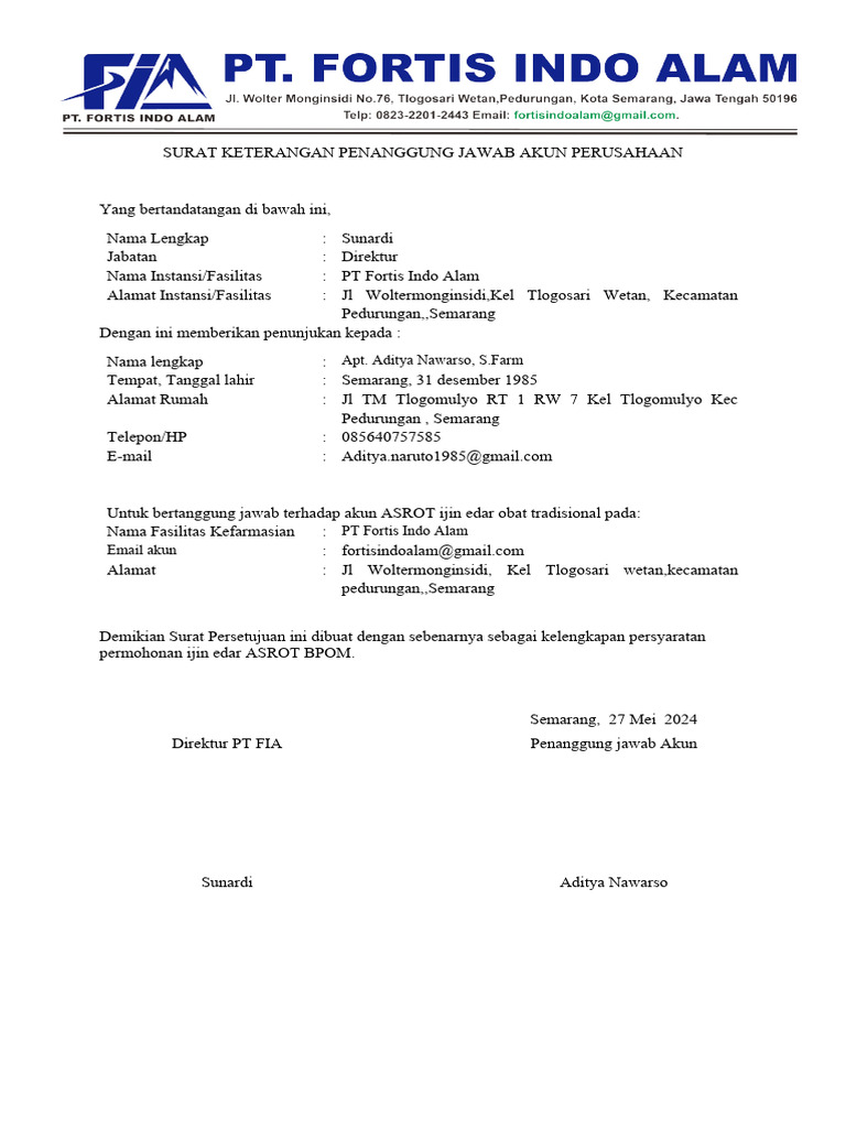 Surat Keterangan Penanggung Jawab Akun | PDF