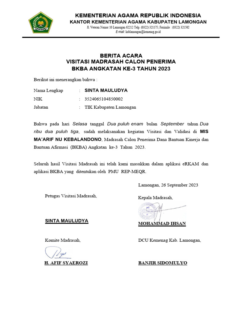 Visitasi Madrasah BKBA 2023 Lamongan | PDF