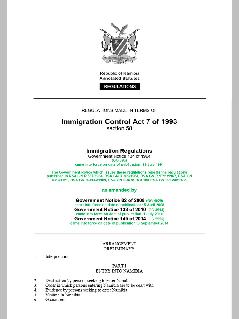 Immigration Control Act 7 of 1993 Regulations 1994 134 Annotated | Download Free PDF | Travel ...