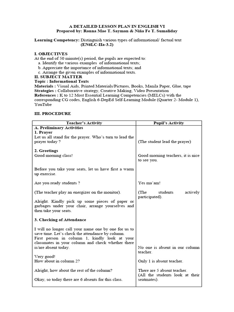 Detailed Lesson Plan: Informational Texts | PDF | Books | Dictionary