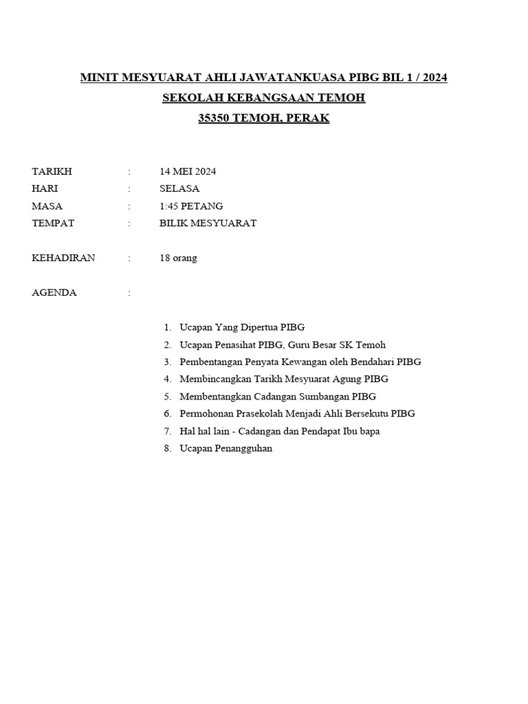 Minit Mesyuarat Ajk Pibg Bil 1 2024 | PDF