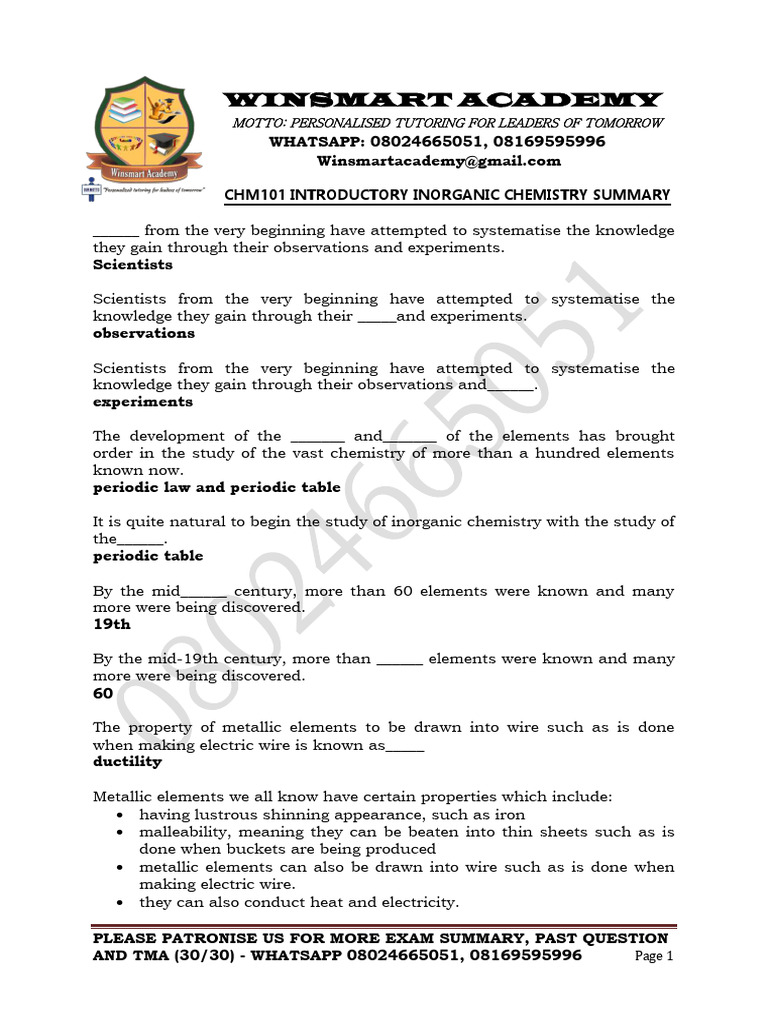 Chm101 Introductory Inorganic Chemistry 1 Summary 08024665051 Pdf