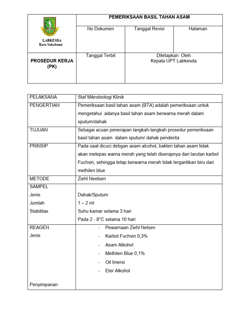 Prosedur Pemeriksaan Basil Tahan Asam | PDF