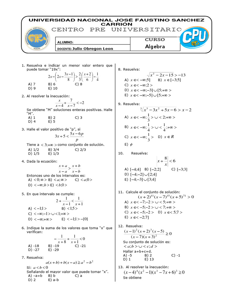 Ejercicios de Álgebra para Preuniversitario | PDF | Matemáticas ...