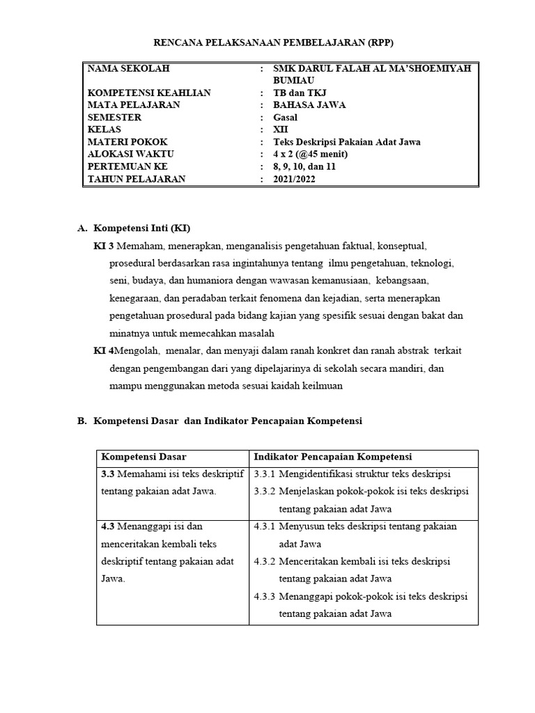 RPP Pakaian Adat Jawa | PDF