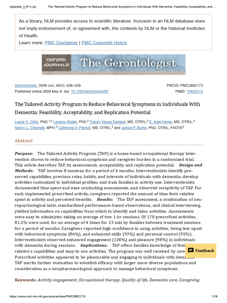 The Tailored Activity Program To Reduce Behavioral Symptoms in ...