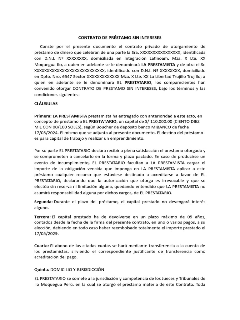 Contrato de Préstamo Sin Intereses | PDF
