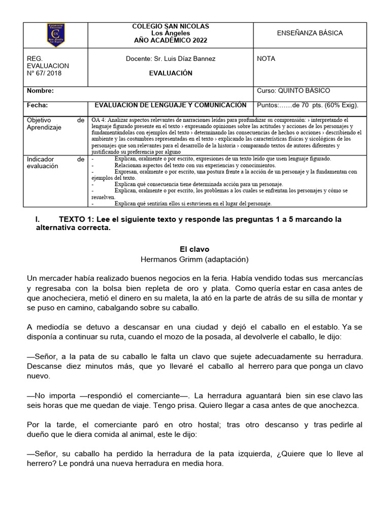 5° Eval. O.A 4. Leng y Com. 02.05.22 | PDF | Evaluación