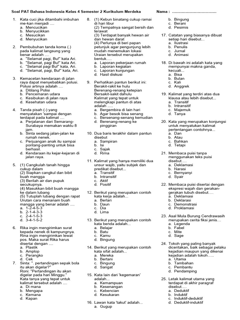 Soal PAT Bahasa Indonesia Kelas 4 Semester 2 Kurikulum Merdeka | PDF