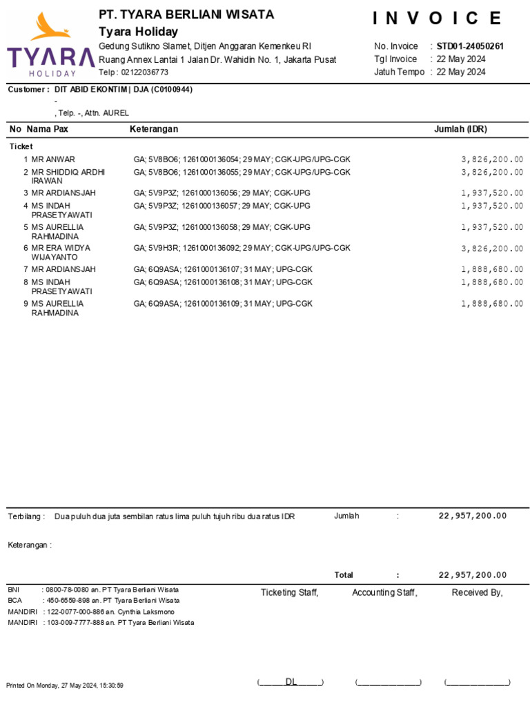Invoice Tyara Tiket Dan Hotel | PDF | Banks | Companies Of Asia