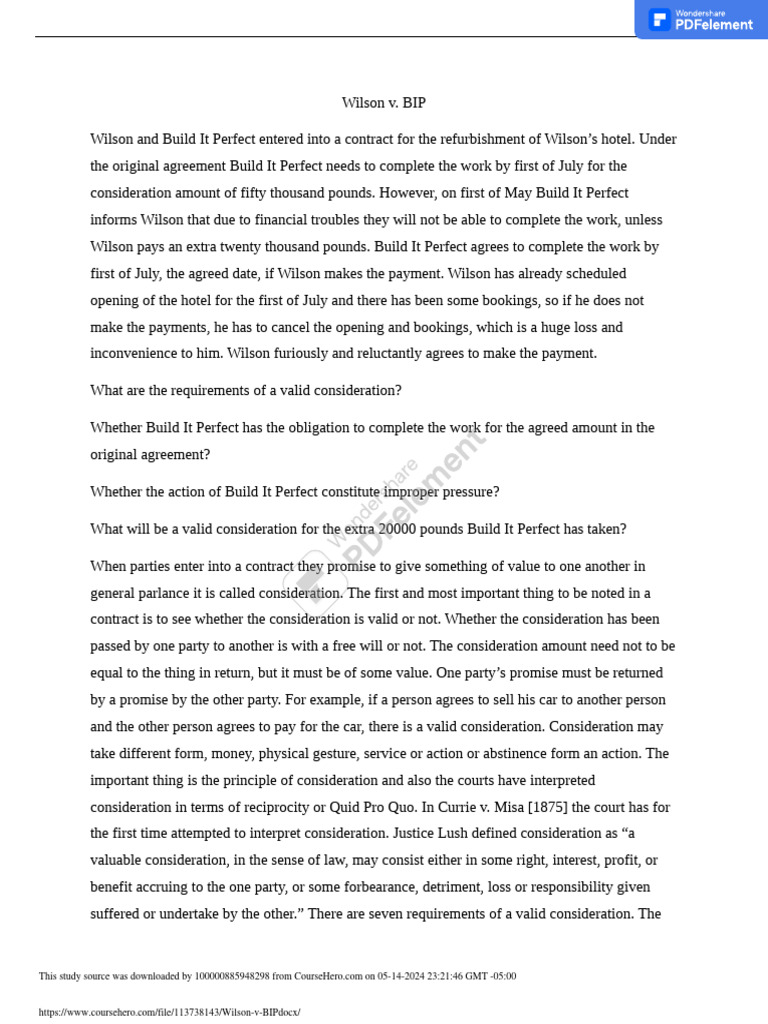 Wilson V BIP - Docx (AutoSave) | PDF | Consideration | Common Law
