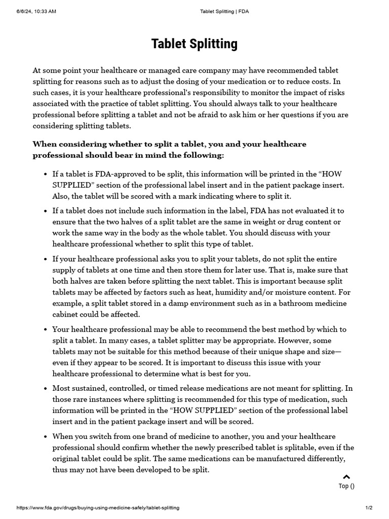 03. Tablet Splitting _ FDA | PDF | Tablet (Pharmacy) | Health Care