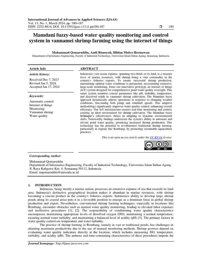 Mamdani fuzzy-based water quality monitoring and control system in vannamei shrimp farming using ...