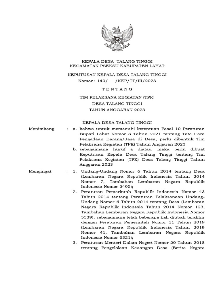 SK TPK Desa Talang Tinggi 2023 | PDF