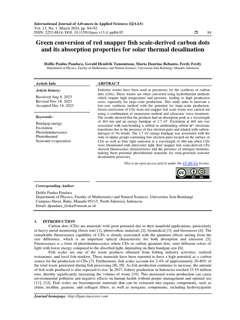 Green conversion of red snapper fish scale-derived carbon dots and its ...