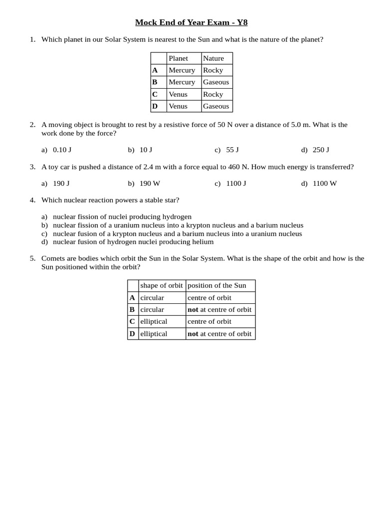 Copia de Mock End of Year Y8 | PDF | Sun | Orbit Copia de Mock End of Year Y8 | PDF | Sun | Orbit