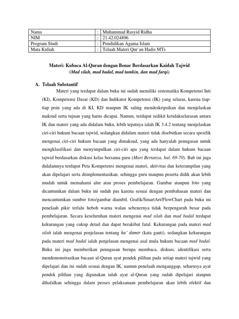 Telaah Qurdis MTs Materi Kubaca Quran Dengan Benar Sesuai Kaidah Tajwid (Mad Shilah, Mad Badal ...