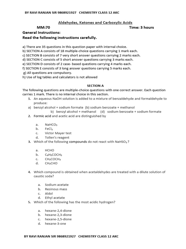 Chemistry MCQs: Aldehydes & Acids | PDF | Aldehyde | Acid