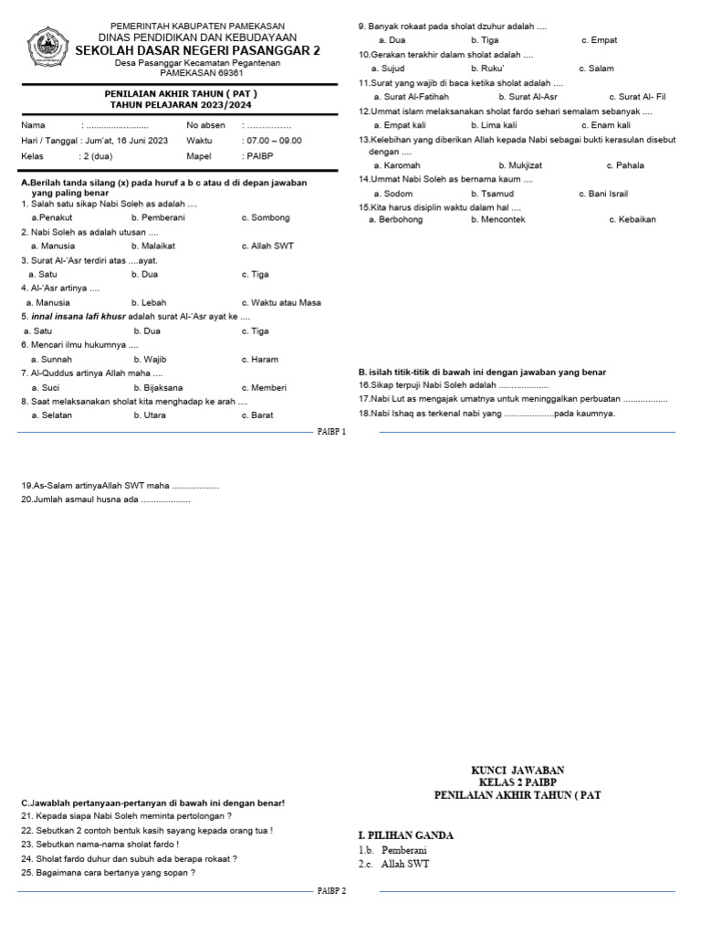 Soal Pat Pai KLS-2 SMT 2 | PDF | Agama & Spiritualitas