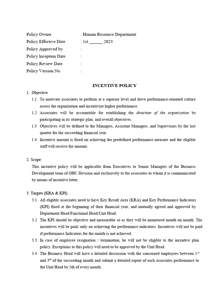 Plant Manager Incentive Policy | PDF | Performance Indicator | Incentive