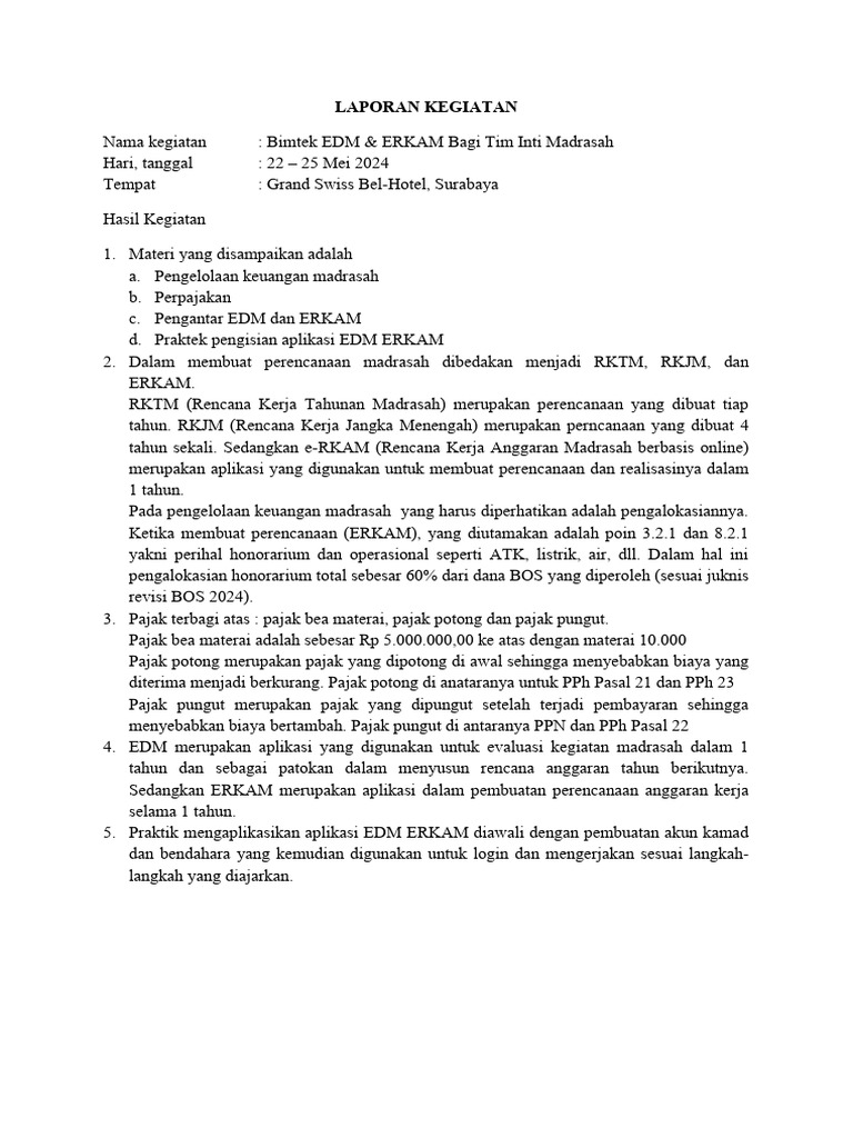 Laporan Kegiatan Bimtek Edm Erkam | PDF