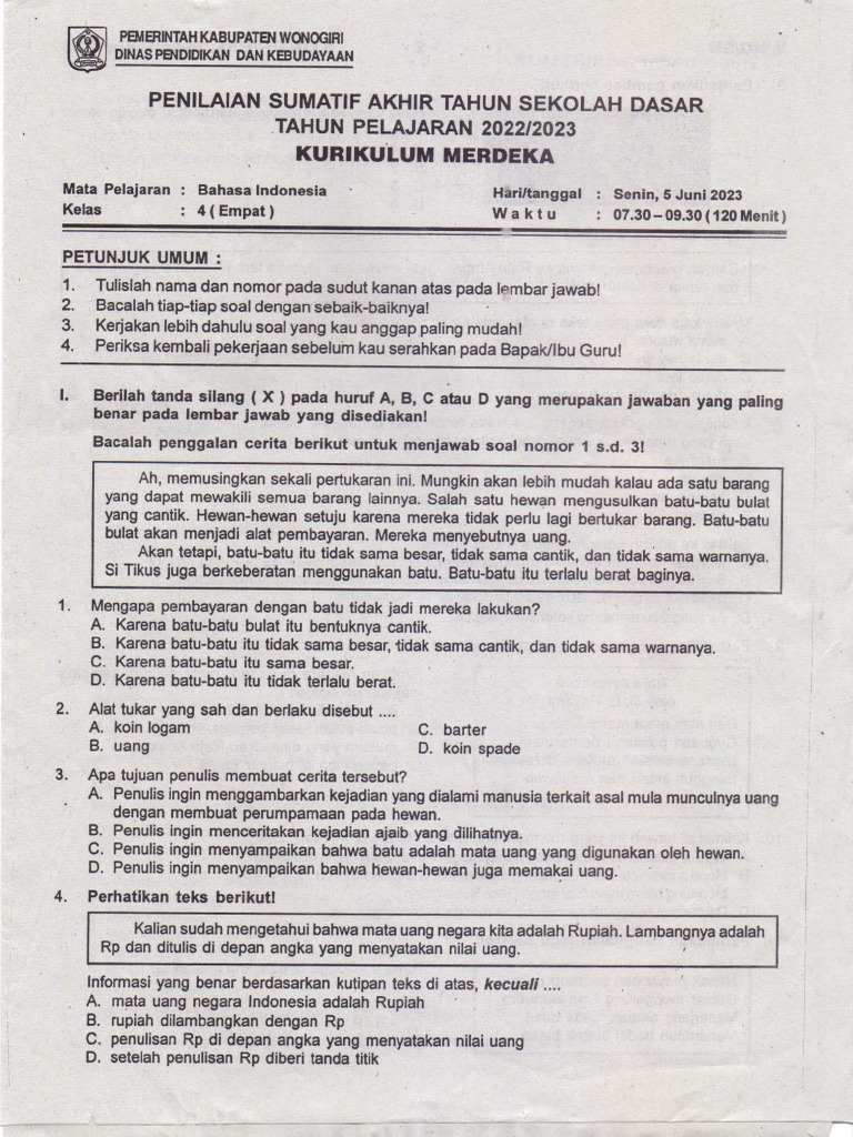 PSAT - KELAS 4 - BAHASA INDONESIA | PDF