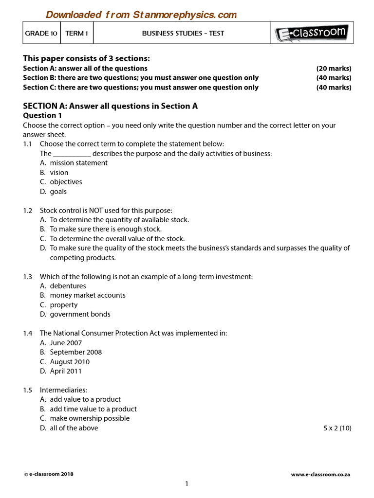 Grade 10 Business Studies Test 2018 | PDF | Capital (Economics) | Stocks