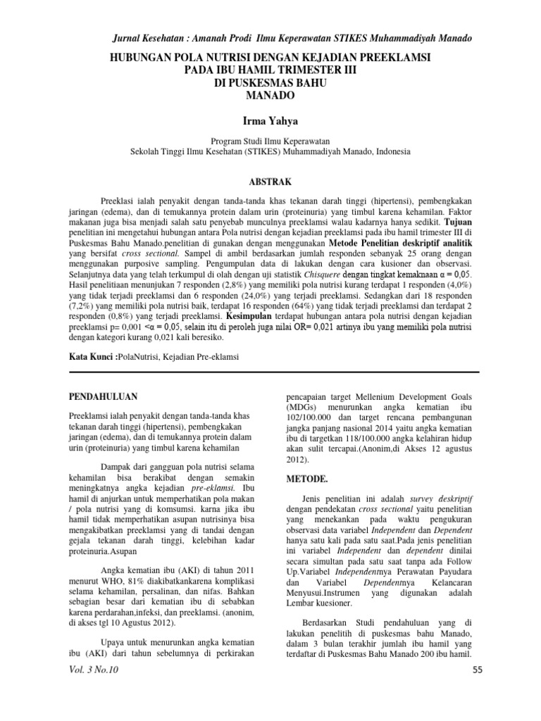 Hubungan Pola Nutrisi Dengan Kejadian Preeklamsi Pada Ibu Hamil Trimester Iii Di Puskesmas Bahu ...
