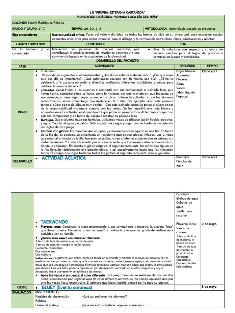 Planeación Semana Loca Día Del Niño | PDF