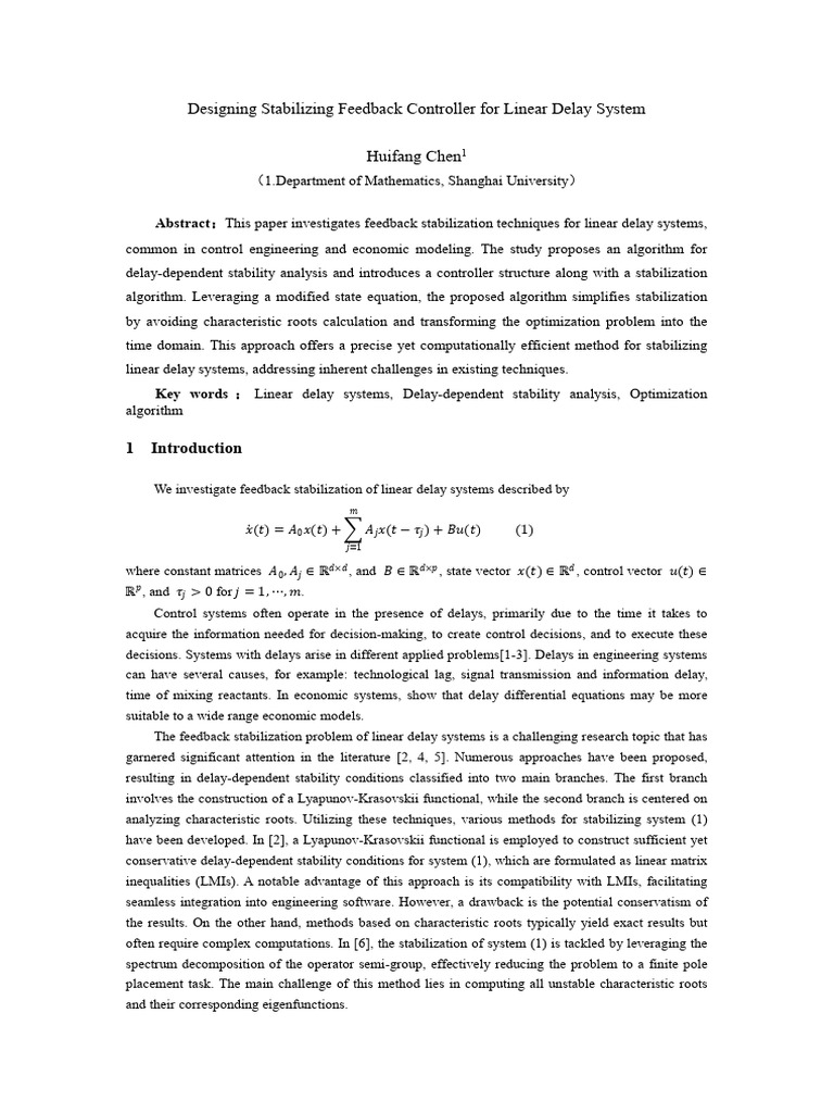 Designing stabilizing feedback controller for line | PDF | Stability Theory | Eigenvalues And ...