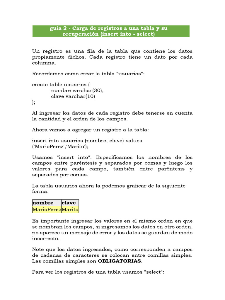 Guía 2 - Insert | PDF | Datos de computadora | Software de gestión de datos