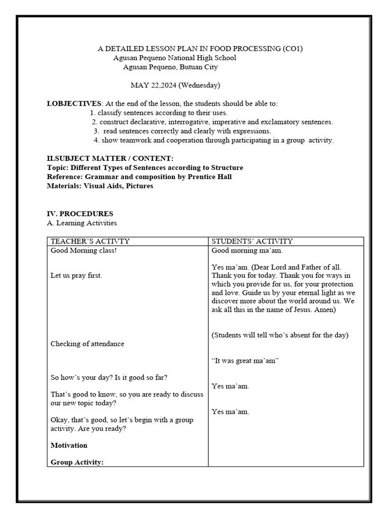 A Detailed Lesson Plan in Food Processing | PDF | Question | Sentence (Linguistics)
