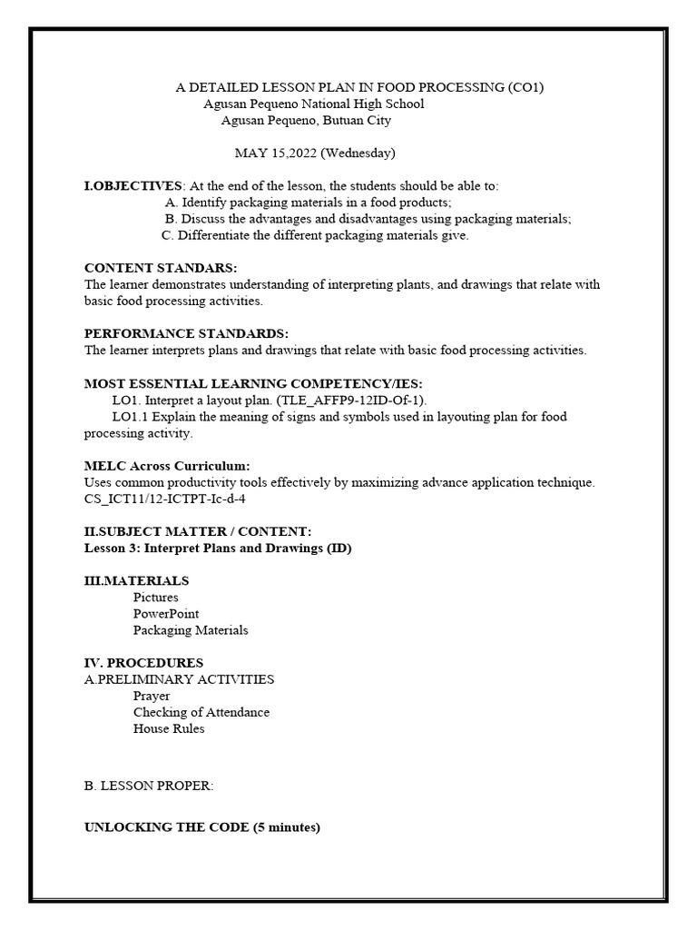 A DETAILED LESSON PLAN IN FOOD PROCESSING 10 | Download Free PDF ...