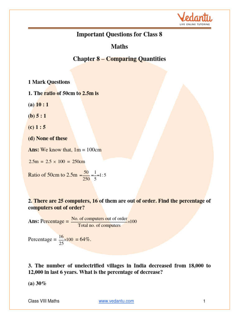 CBSE Class 8 Maths Chapter 8 Comparing Quantities Important Questions PDF | PDF | Percentage ...