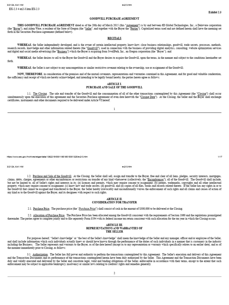 Goodwill Purchase Agreement | PDF | Indemnity | Private Law