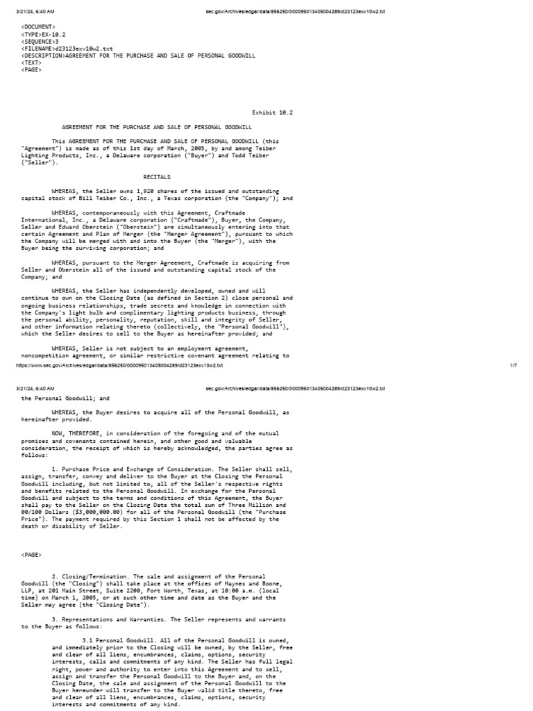 Personal Goodwill Sale Agreement | PDF | Goodwill (Accounting) | Sales