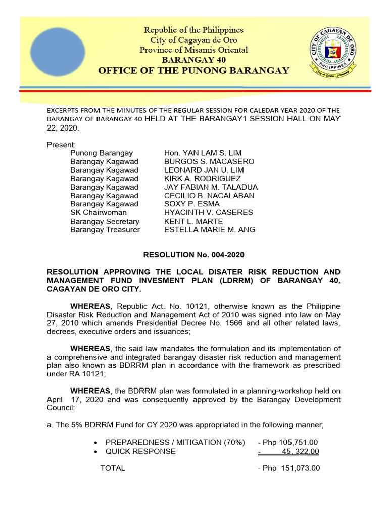 BDRRMC Fund Invesment Resolution 2020 | PDF | Government
