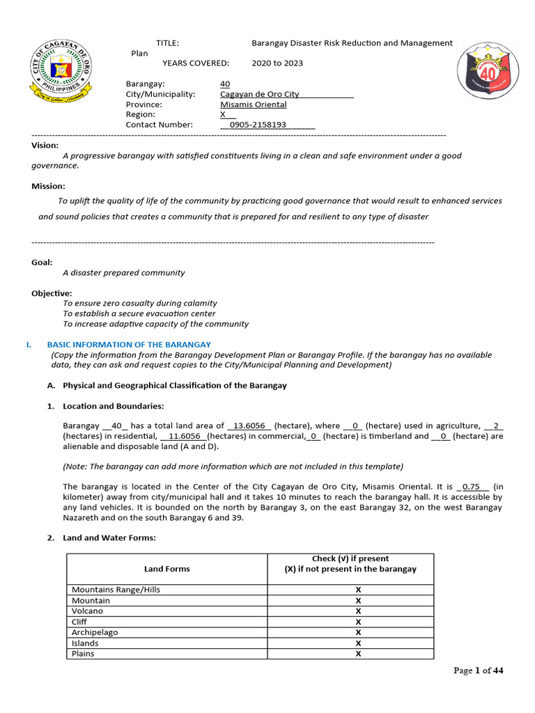 BARANGAY 40 BDRRMP For FINALIZATION 2022 | PDF | Disaster Risk ...
