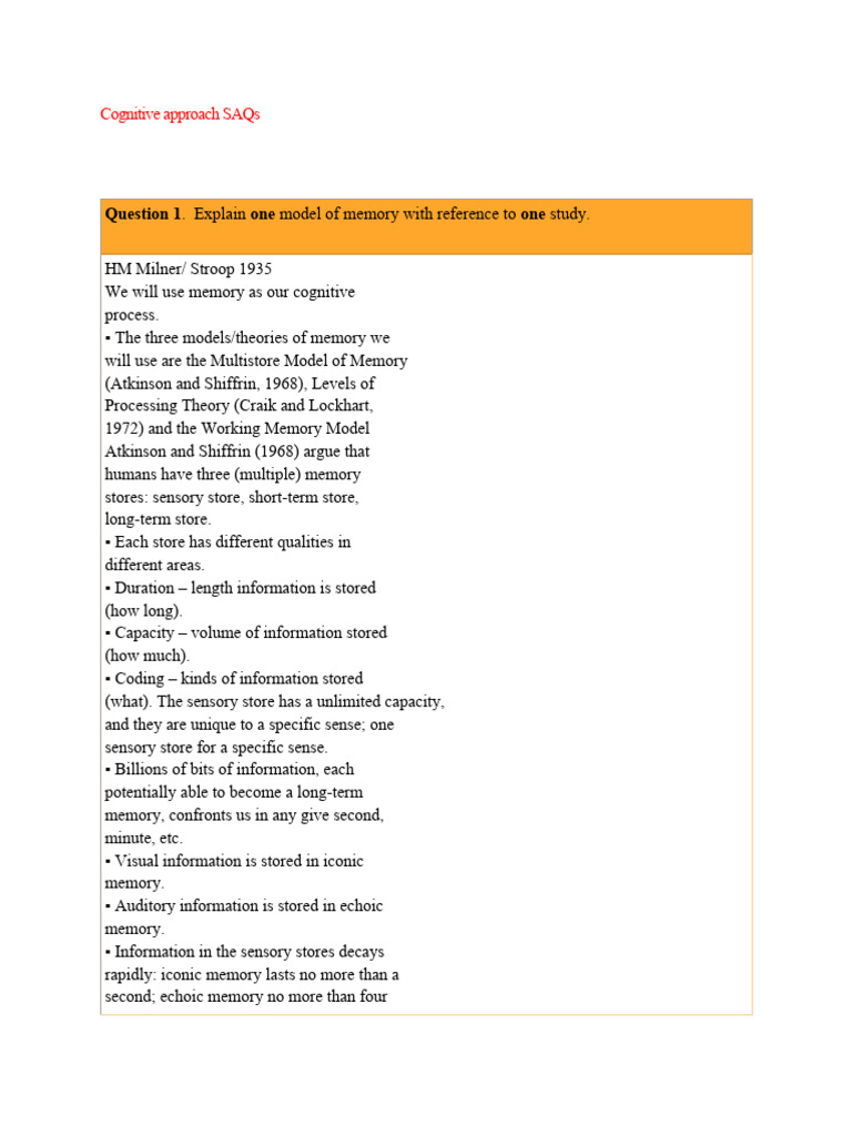 Cognitive Approach SAQs | PDF | Schema (Psychology) | Memory