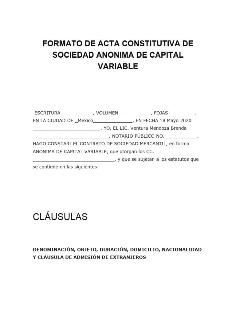 FORMATO DE ACTA CONSTITUTIVA SA | PDF | Sociedad de responsabilidad limitada | Compartir (Finanzas)