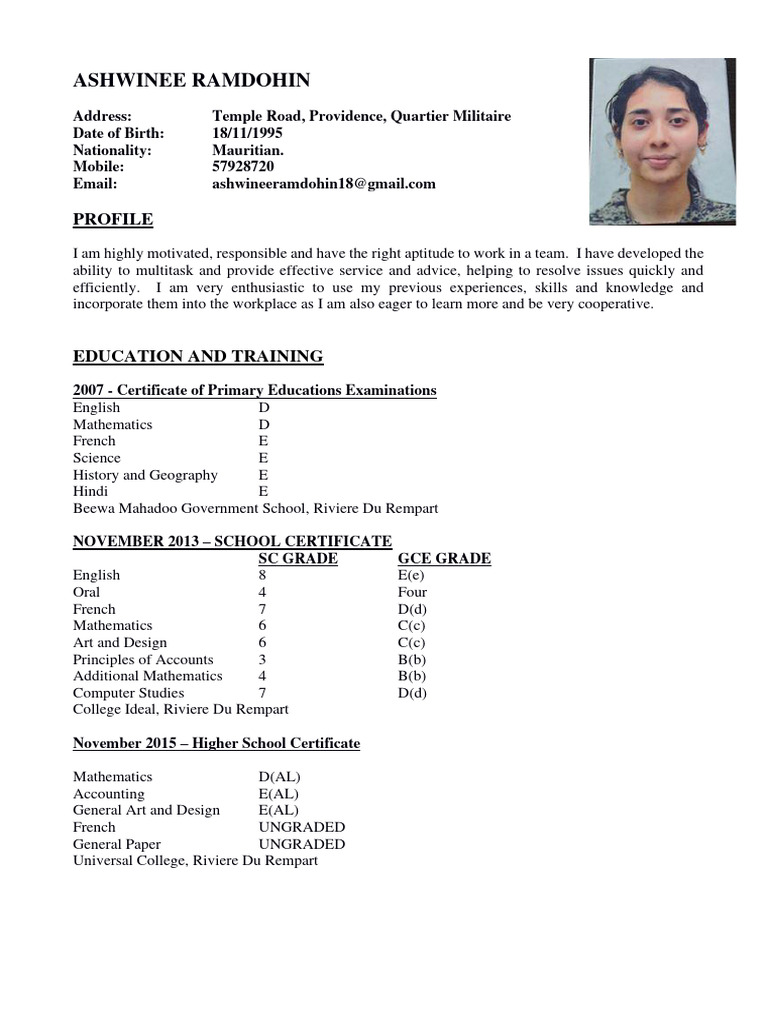 Ashwinee Ramdohin CV | PDF
